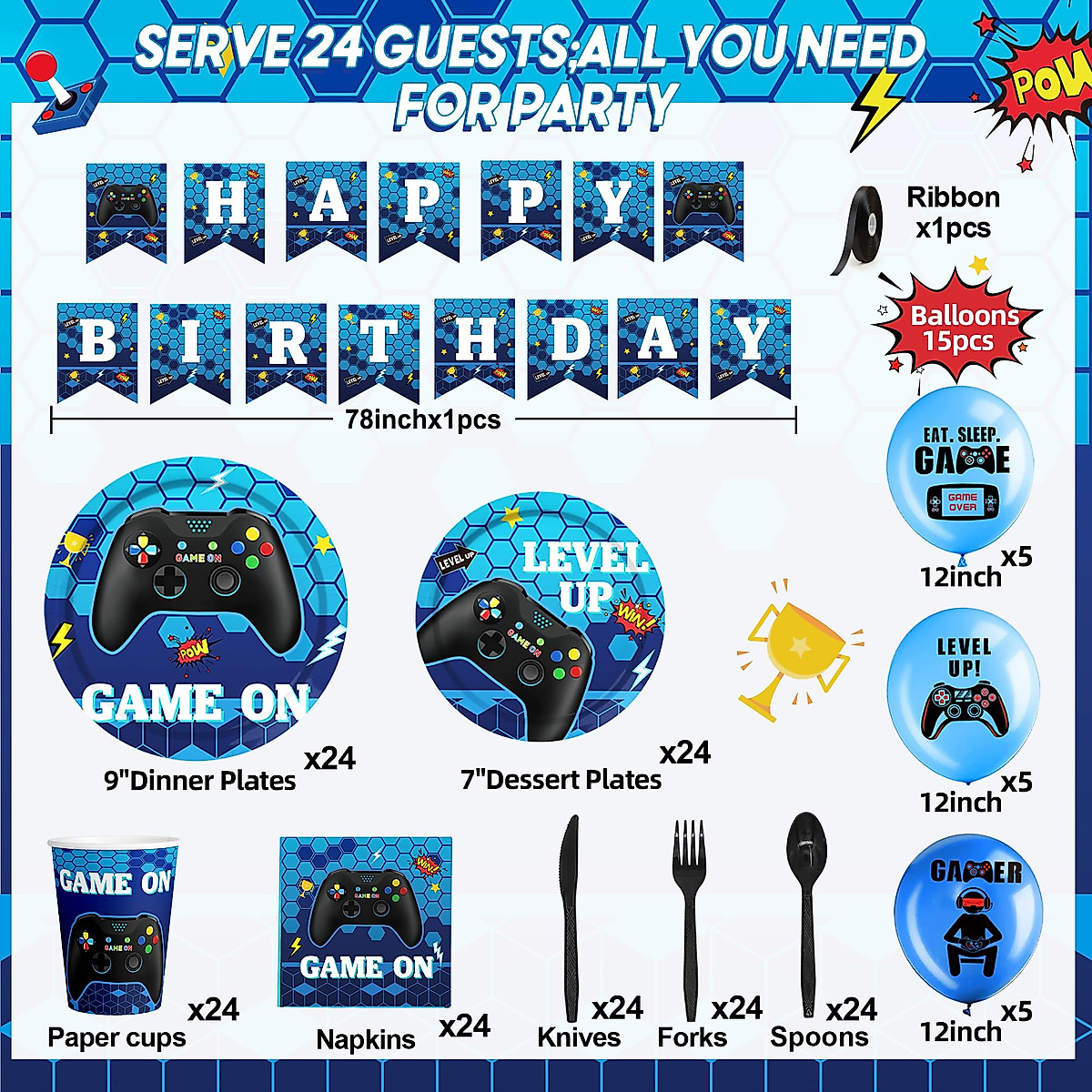 Gamer Birthday Decorations Video Game Birthday Decorations for Boys Game on Birthday Party Supplies Game Plates and Napkins Tablecloth Blue Gaming Party Decorations Men Kids Girls Level Up Party Decor