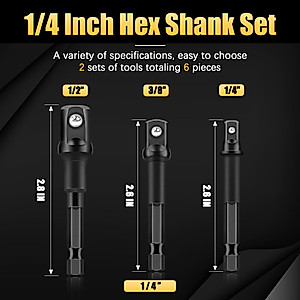 6PCS Impact Grade Socket Adapter Set, 1/4", 3/8", 1/2" Drive Drill Socket Adapter, Premium Cr-V Socket Driver Adaptor, Hex Shank Driver Socket Adapter for Cordless Drill, Screwdriver, Power Drill