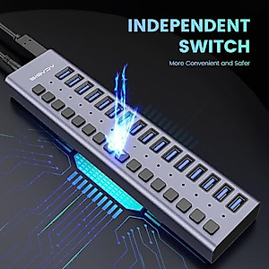 90W Powered USB Hub - ACASIS 16 Ports USB 3.0 Data Port, Aluminum Housing, Individual On/Off Switches, 12V/7.5A Power Adapter, USB Charging Hub/USB Splitter for Laptop, PC, Computer, Printer