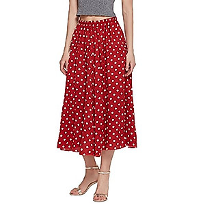 CHARTOU Women's Casual Contrast Polka Dot Chiffon Bohemia Swing Beach Midi A-Line Skirts (Small, Red)