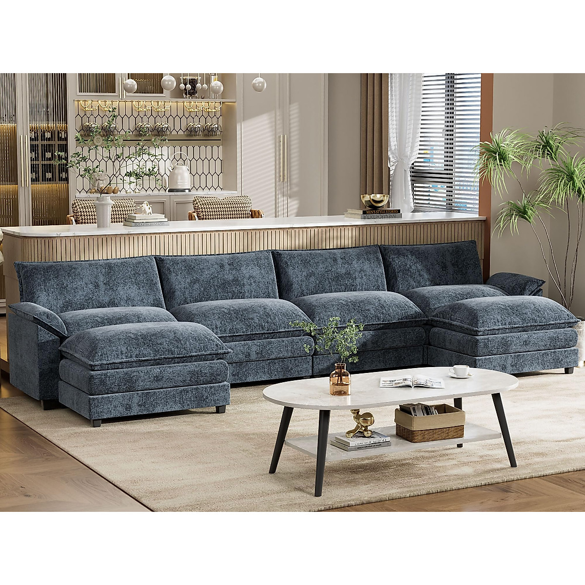 YESHOMY Sectional Modular Sofa U Shaped Chenille Fabric Couch with High Supportive & Soft Sponges and Removable Ottoman, Sleeper Comfy Upholstered Furniture for Living Room, Blue
