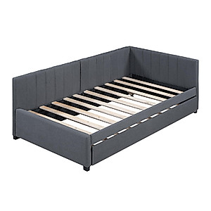 Acosure Twin Size Upholstered Linen Daybed with 2 Trundle,Semi-Closed Design,Solid Wood Bed Frame,W/Backrest and Slat Support,No Box Spring Needed,for Apartment Bedroom,Gray