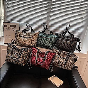 Padded Tote Bag Women's Quilted Zipper Closure Large Padding Shoulder Bag with Exterior Zip Pocket Puffy Down Crossbody Bag