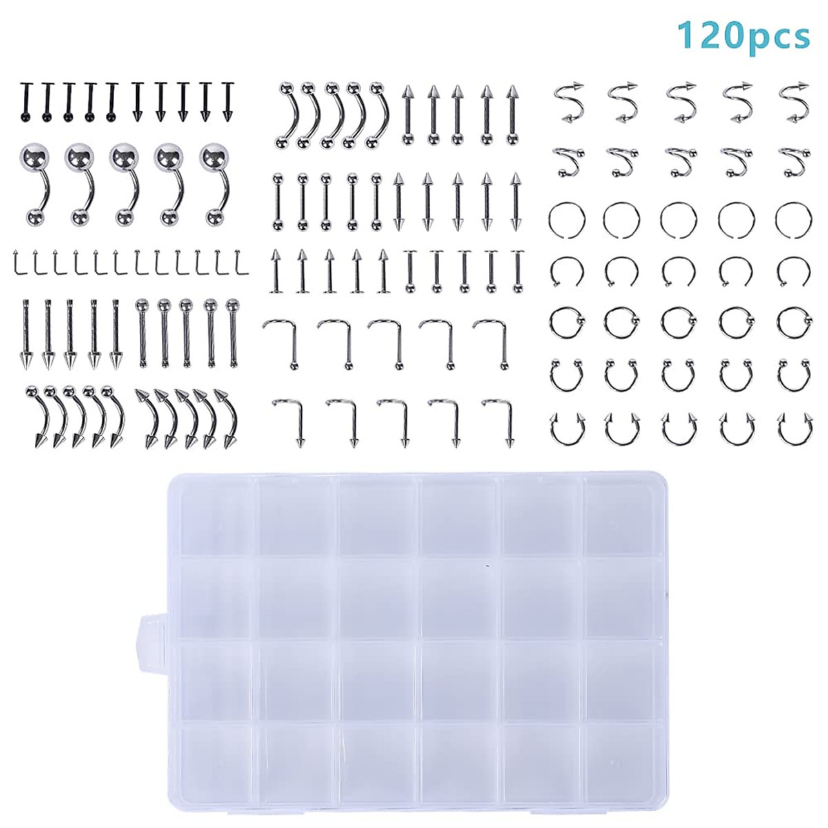 120 Pcs Piercing Jewelry With 24 Grid Storage Box Earring Hoops Lip Nose Rings Navel Rings Barbells Stainless Steel Jewelry Mixed Set 120 Pcs