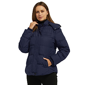wantdo Women's Windproof Puffer Jackets Hooded Winter Coat Parka Jackets Navy XL