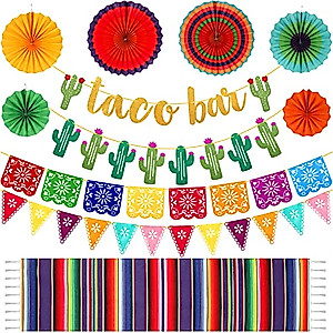 39 Pcs Taco Bar Decorations Fiesta Party Set Serape Table Runner Taco Bar Cactus Banner Garland Fiesta Paper Fan Mexicano Picado Banner Party Decor for Mexican Cinco De Mayo Party Supplies(Purple)