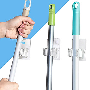 2PCS Mop Broom Holder Wall Mount Self Adhesive, Broom Rack Mop Hanger for Closet broom Storage Cabinet, Garden Tool Organizer Tool Hangers for Garage Wall No Drill