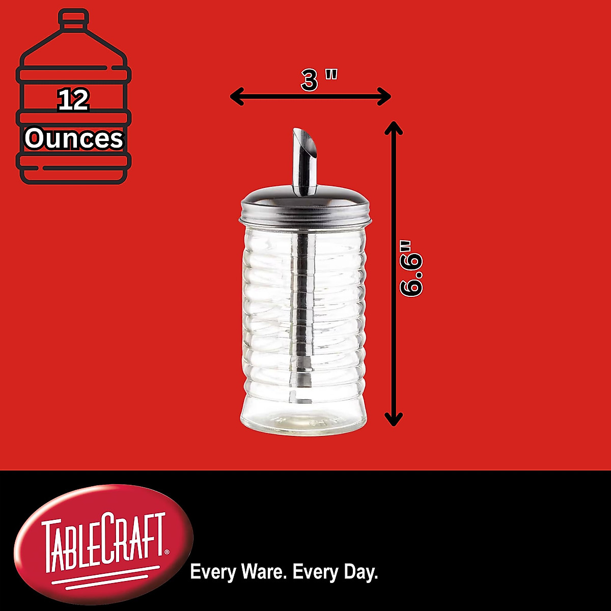 TableCraft HBH860 Beehive Collection Sugar Pourer, 12 oz., 6-5/8"H, Dishwasher Safe, Stainless Steel Pour spout, Glass, Clear