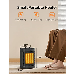 Small Space Heater for Indoor Use, PTC Electric Heater for Bedroom, 1000W Fast Heating with Thermostat, Overheating & Tip-Over Protection, Portable Small Heater