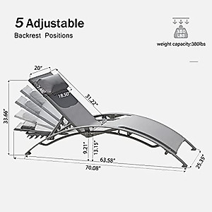 Domi Outdoor Chaise Lounge Set of 2 Patio Recliner Chairs with Adjustable Backrest and Removable Pillow for Indoor&Outdoor Beach Pool Sunbathing Lawn Gray