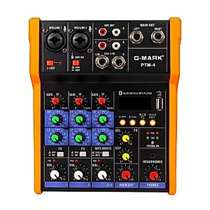 G-MARK PTM-4 4-Channel DJ Mixer, Bluetooth, USB Audio Interface, 3-Band EQ, Phantom Power, for PC, Karaoke, Live Performance, KTV, Studio Recording