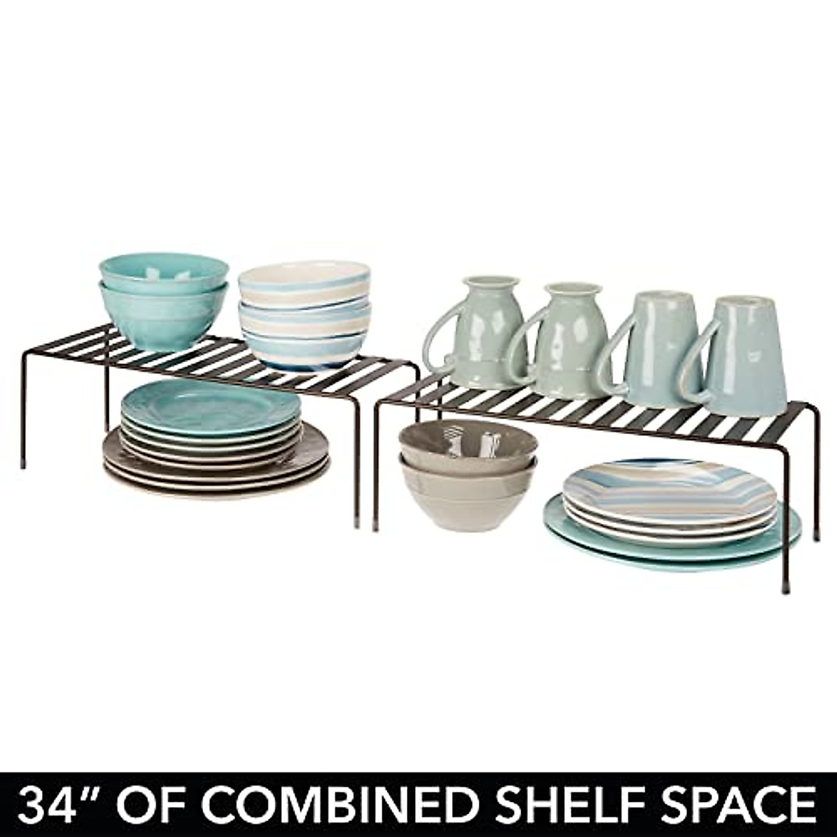 mDesign Modern Metal Storage Shelf Rack - 2 Tier Raised Food and Kitchen Organizer for Cabinets, Pantry Shelves, Countertops Dishes, Plates, Bowls, Mugs, Glasses - 2 Pack - Bronze