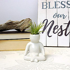 3.25 Inch White Ceramic Meditating Person Shaped Planter with Live Tillandsia Air Plant - Potted Indoor Air Plants for Home and Office Decor