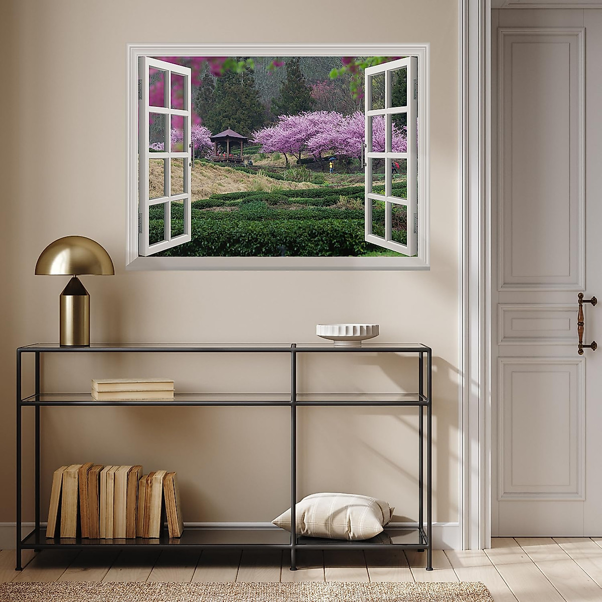 wall26 Modern White Window Looking Out Into a Japanese Garden with Cherry Blossom Trees and a Kiosk - Wall Mural, Removable Sticker, Home Decor - 36x48 inches