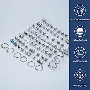 SAILIMUE 23Pairs Surgical Steel Flat Back Stud Earrings For Women Men Hypoallergenic 20G Tiny Cartilage Earrings Stud Hoops Small CZ Star Moon Heart Opal Helix Tragus Daith Earrings Piercing Jewelry