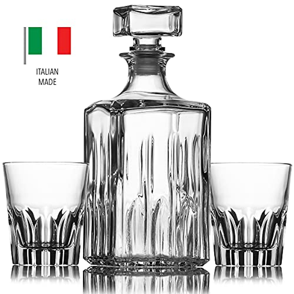 Godinger Whiskey Decanter and 2 Whiskey Glasses Bar Set, Italian Made Decanter for Liquor Scotch Bourbon Vodka