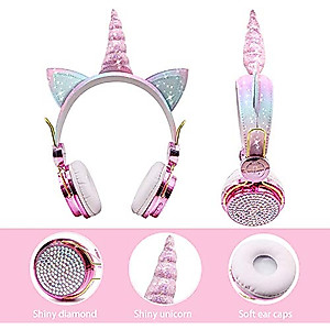 Kids Headphones, Wireless headphones for kids Unicorn headphones for girls Bluetooth headphones w/Mic with Adjustable Headband, Over On Ear Headset for Smartphones/School/Kindle/Tablet/PC Online Study