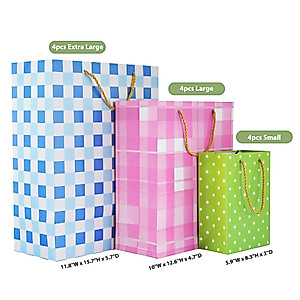 Moretoes 12 Pack Gift Bags Assorted Sizes and Designs, Gift Bag Set with Handle and Tissue Paper for Birthday, Baby Showers, Wedding, Valentine's Day (4 Small 8", 4 Large 13", 4 Extra Large 16")