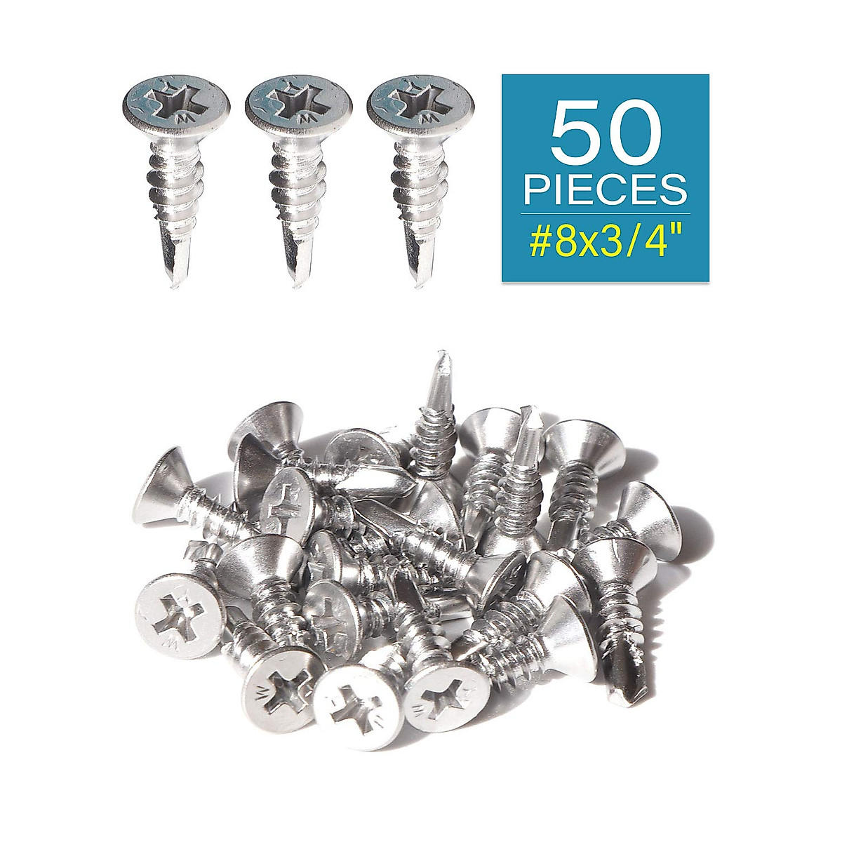 IMScrews 50pcs #8 x 3/4" Stainless Flat Head Phillips Self Drilling Screws, 410 Stainless Steel Full Thread Sheet Metal Tek Wood to Metal Screws