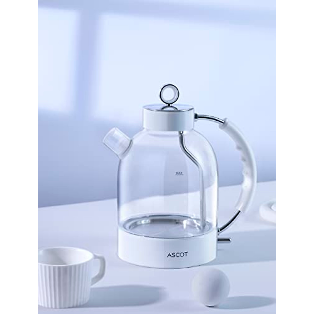 ASCOT Electric Kettle, Glass Electric Tea Kettle Gifts for Men/Women/Family 1.6L 1500W Borosilicate Glass Tea Heater, with Auto Shut-Off and Boil-Dry Protection (Polar White)