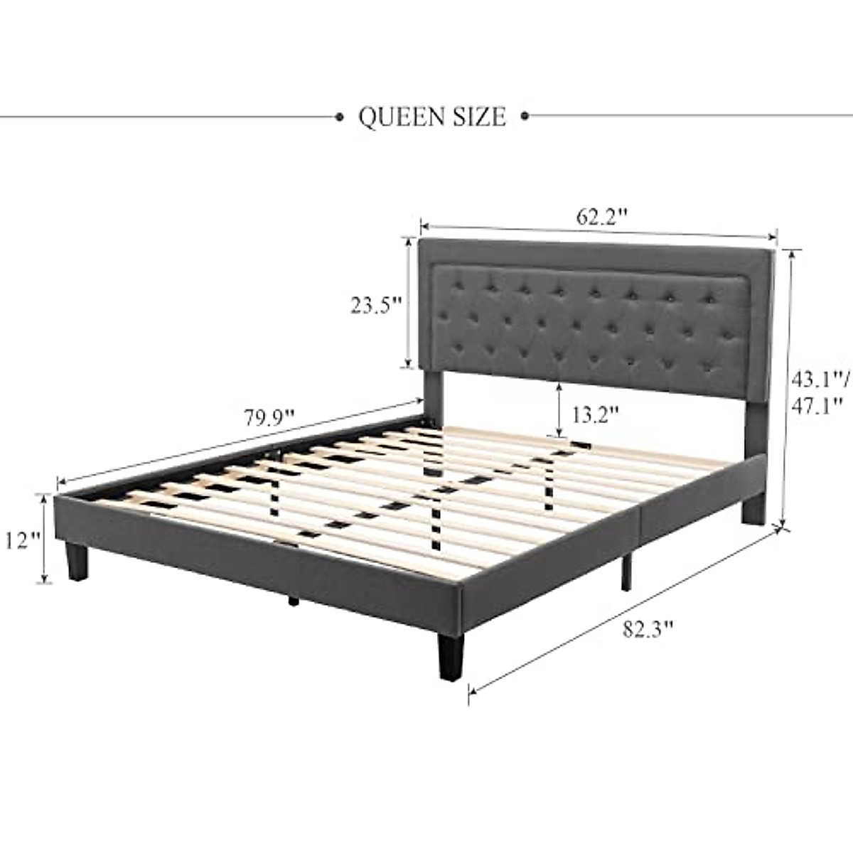 Benevika Queen Size Upholstered Platform Bed Frame with Linen Fabric Button Tufted Headboard, Wood Slat Support, Upholstered Mattress Foundation, No Box Spring Needed, Easy Assembly, Grey