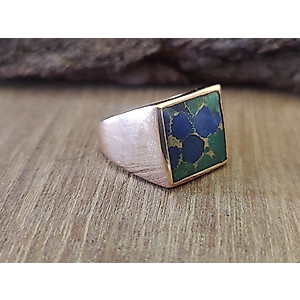 Azurite Malachite Ring, Signet Bohemian Ring, Rings for Men Women, Boho Ring, 925 Solid Sterling Silver Ring, Azurite Gemstone Ring, Statement Ring, Gift for Partner (925 Solid Silver, 11.50)