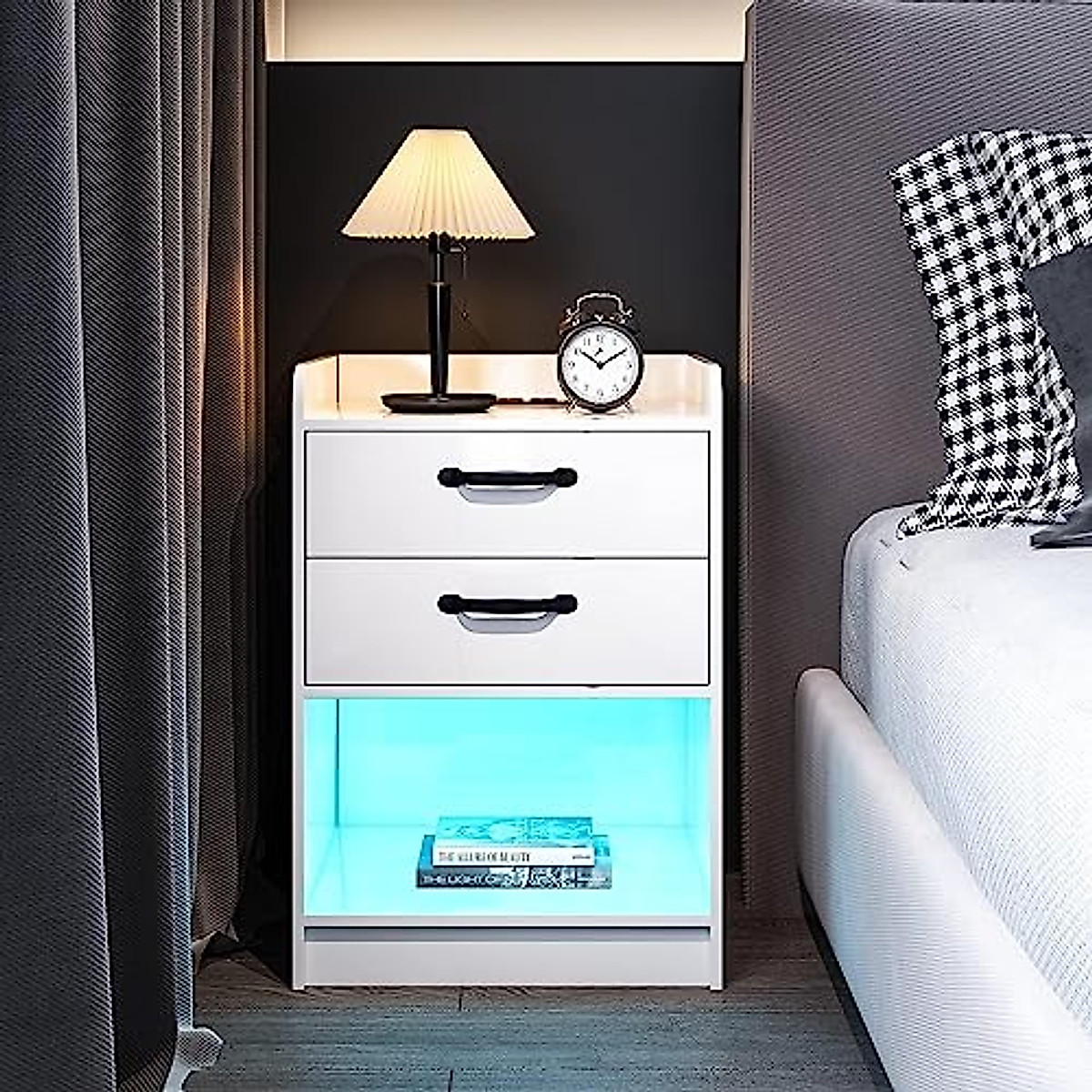 White Nightstand Set of 2 with Charging Station and LED Lights, Modern End Side Table with 2 Drawers and Open Storage for Living Room, Night Stands for Bedrooms Set of 2 White