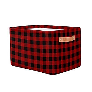 Red Lumberjack Plaid Check Fabric Storage Baskets for Shelves for Organizing Closet, Foldable Storage Bins Rectangular Decorative Basket with Leather Handles Cubes, 1 Pack