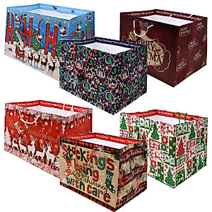 Gift Boutique 12 Jumbo Christmas Tote Bags with Handles 15" Wide X 11" High X 11" Deep Extra Wide Large Giant Reusable Grocery Shopping Paper Bags Big Gusset for Food Cookie Container & Foil Tin Pan