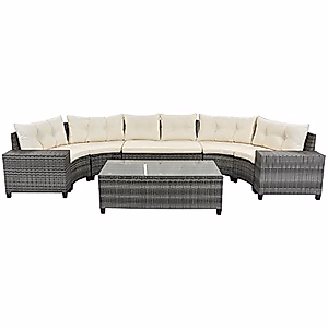 GODAFA 8-Piece Outdoor Wicker Round Patio Furniture Set-Half-Moon Sectional Sofa with Rectangular Coffee Table-Water-Resistant PE Rattan-Movable Cushions, Beige