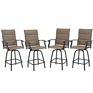 PHI VILLA Outdoor Patio Swivel Bar Stools Set of 4 with Backrest, Bar Height Patio Bar Stools & Chairs with Armrest,Padded Brown Textilene