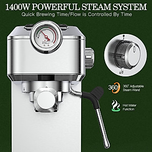 MR MIRYE Espresso Machine, 20 Bar Stainless Steel Espresso Maker Silver Coffee Machine for Home or Office With Removable Water Tank, Measuring Spoon, Brewing Filter, Milk Cup, Milk Frother Steam Wand