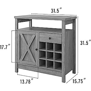 Farmhouse Coffee Bar Cabinet, 32'' Modern Kitchen Buffet Cabinet with Drawer, Coffee Station with Barn Door, 9 Wine Racks, Small Bar Cabinet with Shelf for Dining Room, Wash Gray