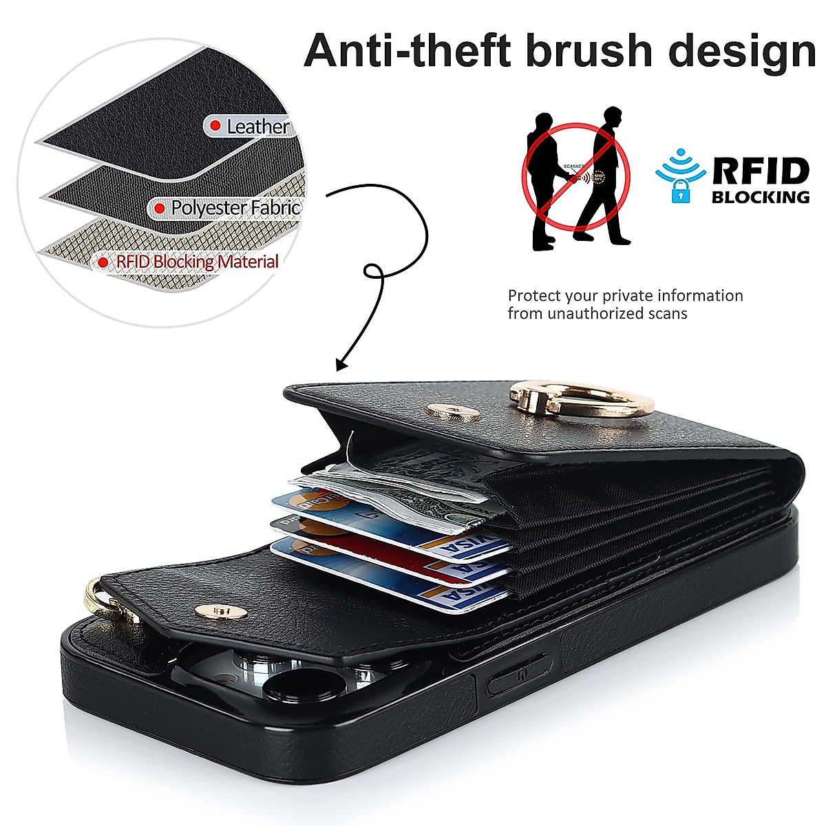 XYAJUANG Phone Case Compatible with iPhone 14 Pro（6.1''），Leather Accordion Folding Wallet &Card Holder with RFID Shielding Material Phone Case ，with Adjustable Ring Holder and Lanyard (Black)