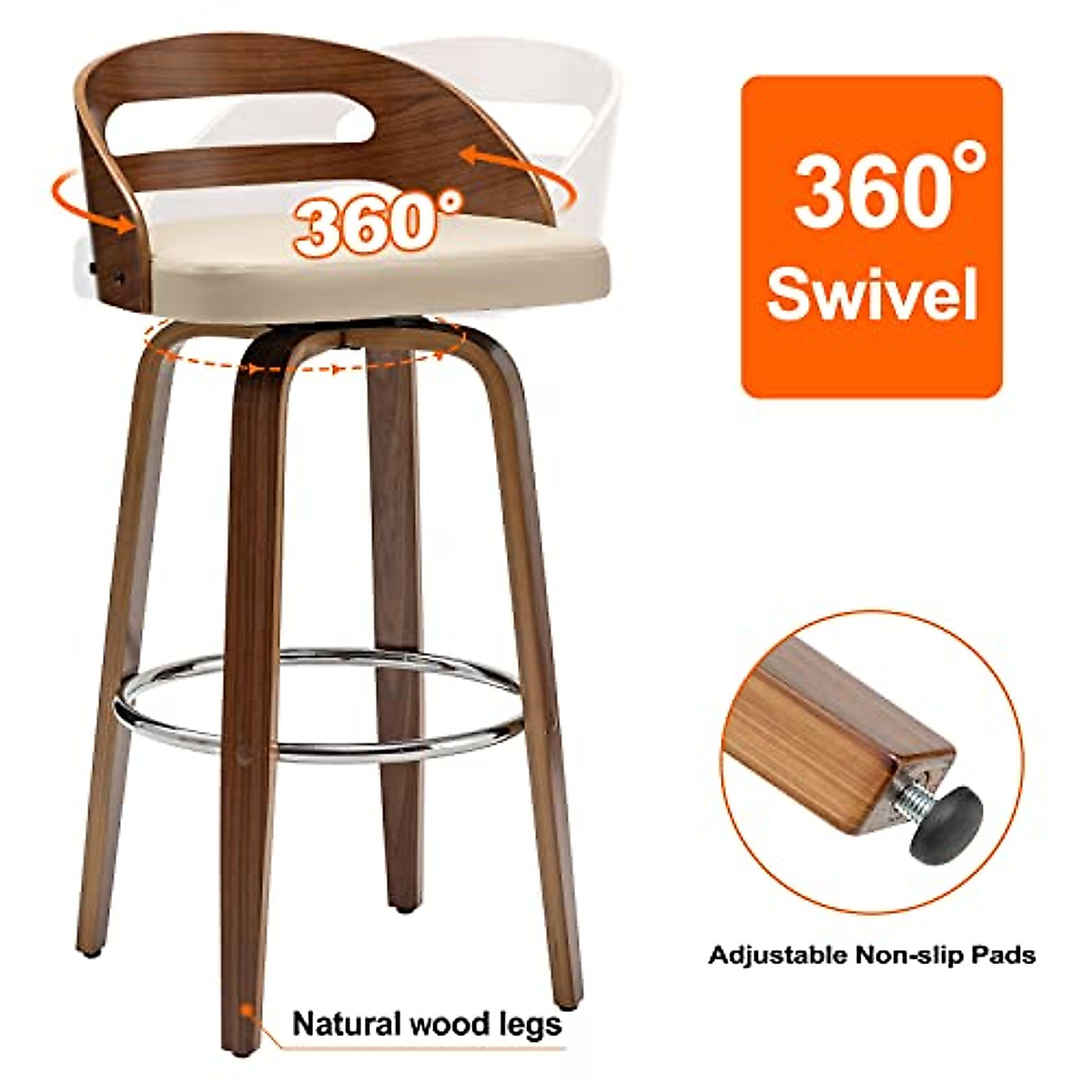 Bar Stools Set of 2, Swivel Bar Height Stools with Walnut Bentwood, Low Back, Upholstered Faux Leather, Soft Cushion Seat, Mid Century Bar Stools for Kitchen/Island/Counter (Beige, 25" Seat Height)