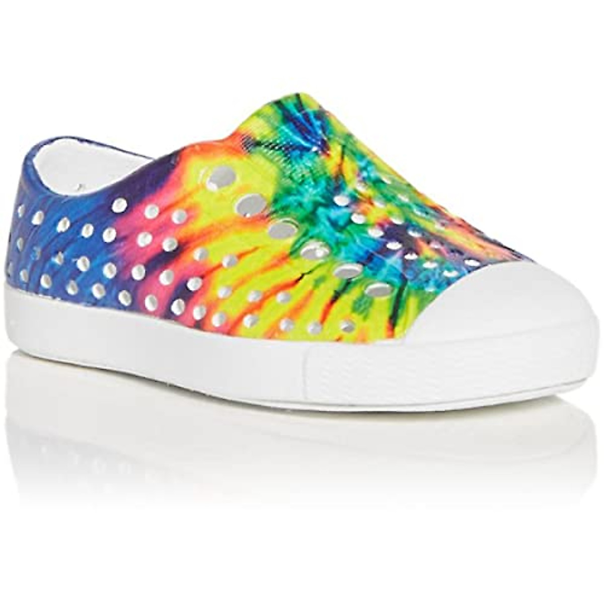 Native Shoes Kids Jefferson Print Sneakers for Toddlers - Flexible Eva Upper, Colorful Fun Prints Allover, and Round Closed Toe Shell White/Shell White/Neon Multi Tie-Dye 9 Toddler M