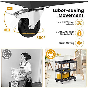 ERGOMASTER 3 Tier Rolling Tool Cart on Wheels, Heavy Duty Metal Service Cart with Lockable Wheels,330lbs Load Capacity Utility Cart for Garage, Warehouse, Workshop(Black)