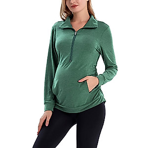 GINKANA Maternity Long Sleeve Shirt Lapel Zipper Casual Lightweight Maternity Top Shirts with Pockets,Green,S