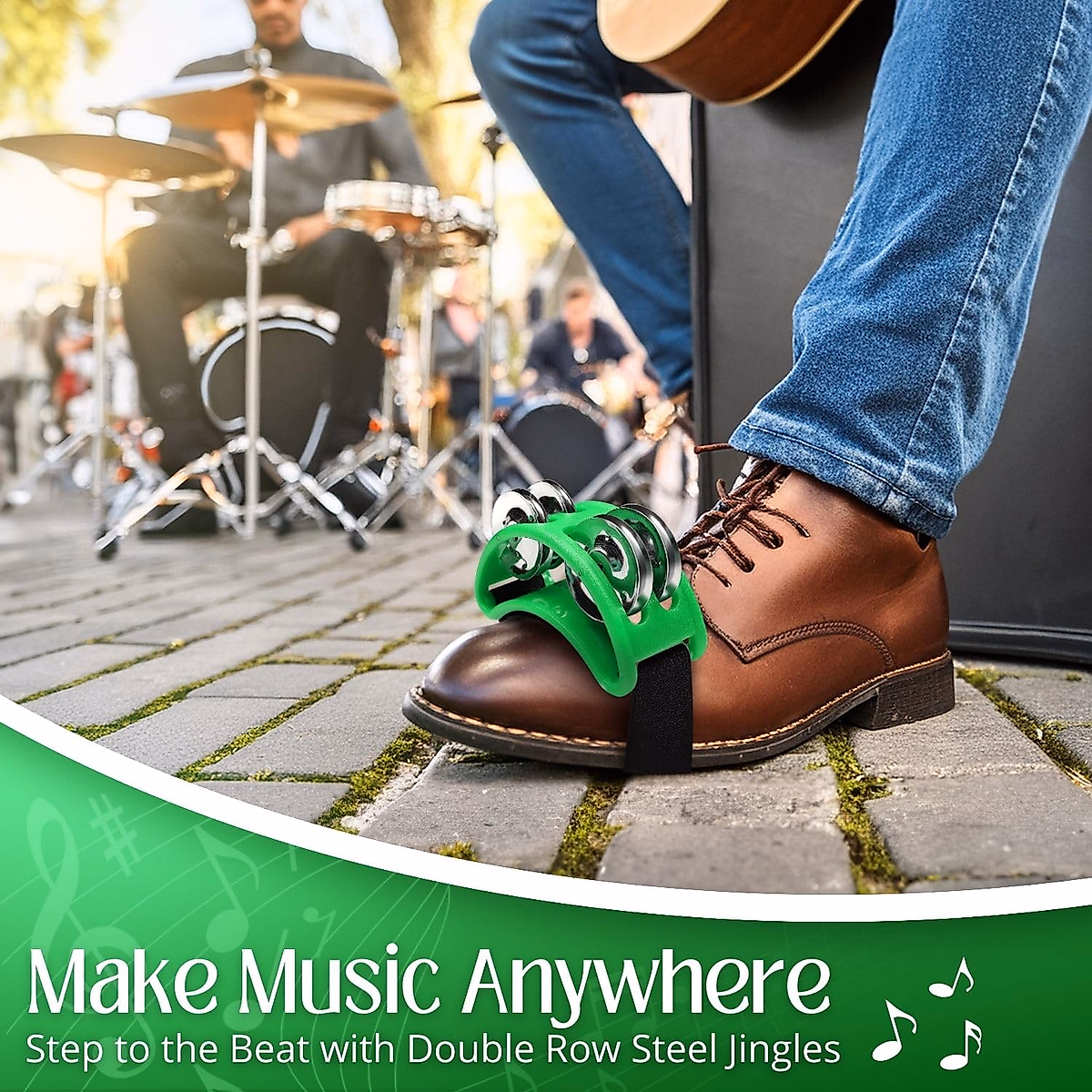 Flexzion Foot Tambourine Percussion with Double Row Steel Jingles - Foot Shaker Musical Instrument Drum Party Shoes Gift Singer Vocalists Cajon & Guitar Players (Green)