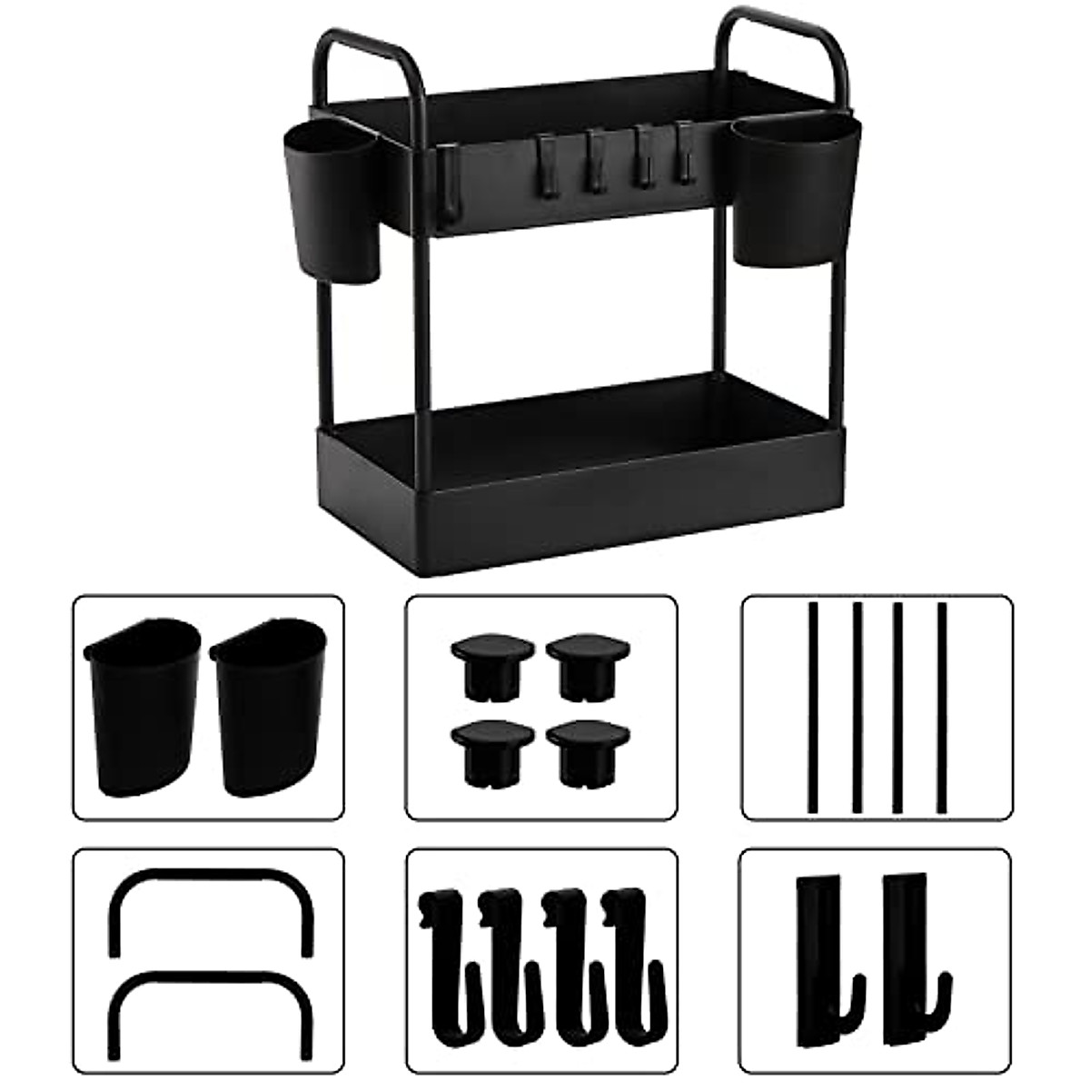 Jucoan 2 Tier Bathroom Sink Countertop Storage Organizer Kitchen Countertop Spice Rack with Hooks, Cups and Handle, Pantry Shelves Seasoning Storage Shelf for Kitchen Bathroom Vanity