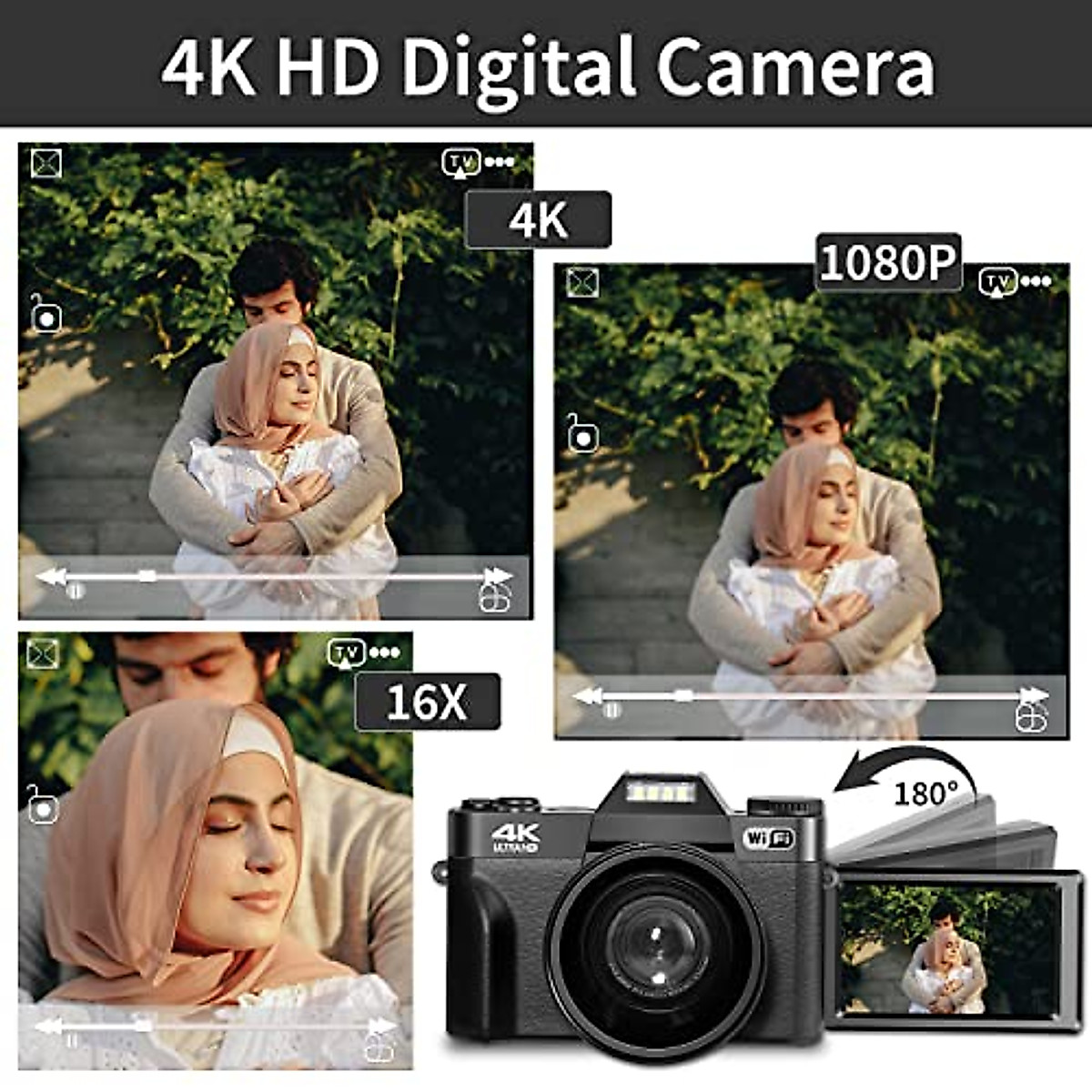 Digital Cameras for Photography, 4K 48MP Vlogging Camera for YouTube with WiFi, Manual Focus, 16X Digital Zoom, 52mm Wide Angle Lens & Macro Lens, 32GB TF Card and 2 Batteries