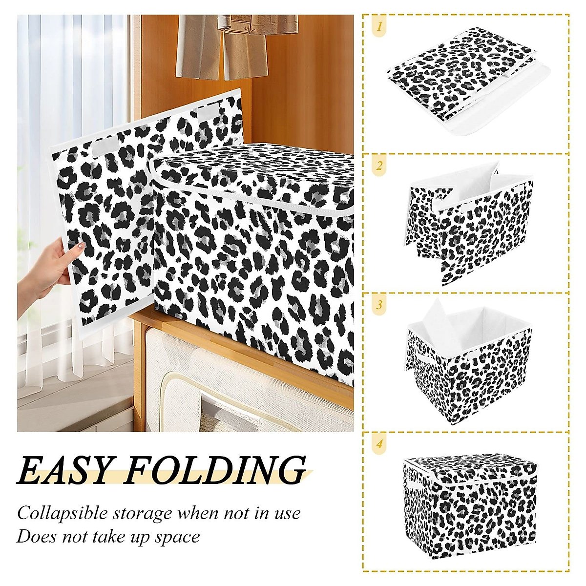 Joisal White Leopard Black Cheetah Collapsible Flip-Top Storage Box with Lid, Stackable Storage Boxes, Large Storage Bags, with Handle and Full Print