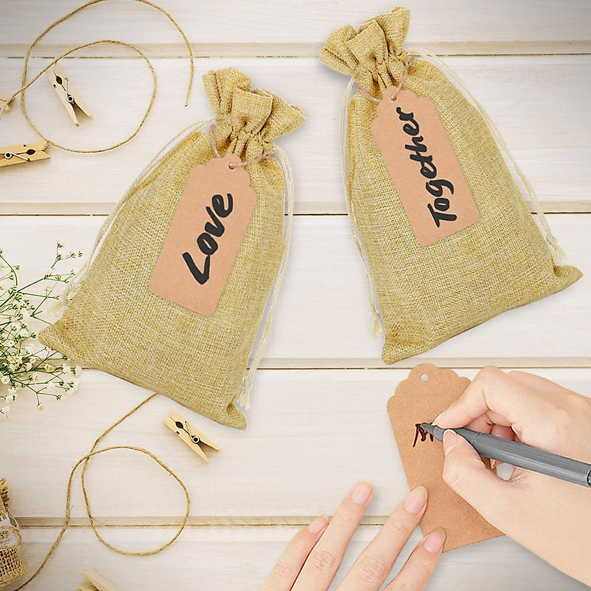 50 Pcs Burlap Gift Bags 5x8 Inch, Linen Sacks Bag with Drawstring for Gifts Candy Small Items, Reusable Jewelry Pouches for Art DIY Craft Coffee Present Wedding Favors Household Use, Brown