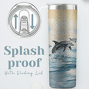 Onebttl Dolphin Gifts for Women, 20oz Stainless Steel Tumbler with Lid and Straw - Glitter Sunset Dolphin