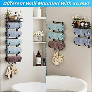 Over The Door Towel Racks for Bathroom,6 Tier Towel Rack Wall Mounted with Metal Shelf and Hooks,Rolled Towel Storage for Bathroom Door Holder Organizer Hanging,Black