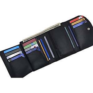 Women's Genuine Leather Compact Double ID Windows Credit Card Holder Wallet With Zippered Pocket by Moga (Black)