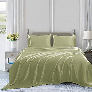 4 Piece Satin Sheet Set Bed Set Twin Size Bed Set 4 Piece Sage Durable & Soft (Flat Sheet + Fitted 18'' + 2 Pillowcases) Bed in a Bag Satin Sheet