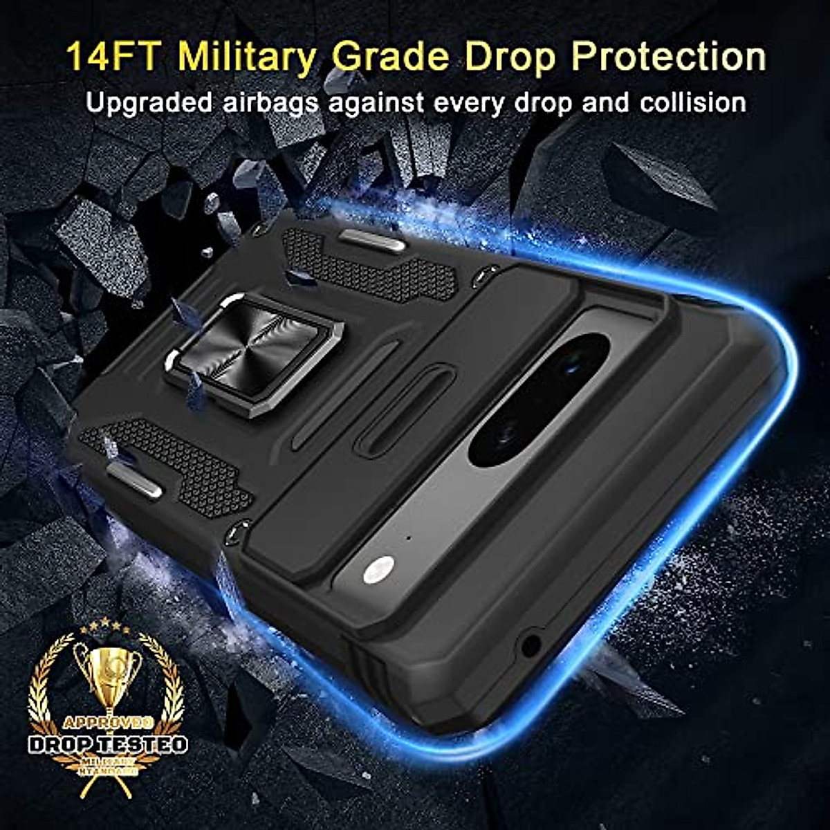 for Pixel 7 Case,Google Pixel 7 Case with Slide Camera Cover+Screen Protector (1 Pack),[Camera Protection] [Magnetic Rotate Kickstand] Military Grade Shockproof Heavy Duty Protective Cover-Black