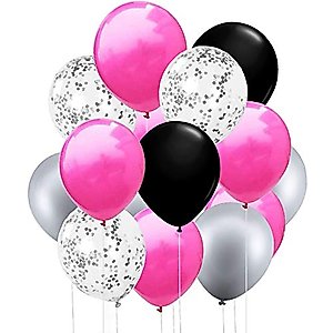 Kubert Silver Black and Pink Metallic Balloons and Clear Latex Pre-Filled with Silver Confetti 50Pack 12 Inch for Wedding Anniversary Bachelorette Bridal Shower Birthday and Graduation Party Supplies