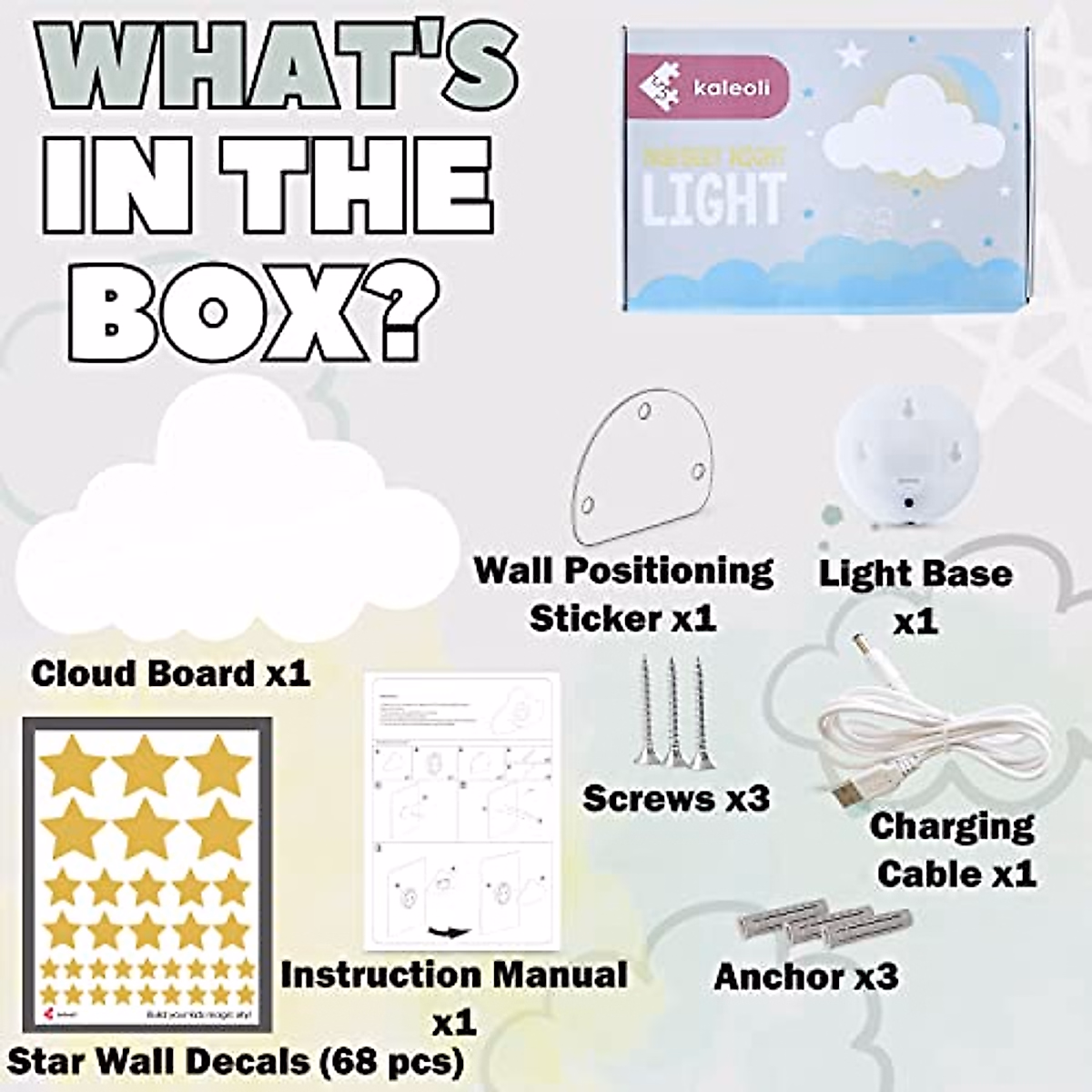 KALEOLI Nursery Cloud Light (Pack of 1) - 68 Star Wall Decals - Rechargeable (no Cord) - Baby Room Decor - Cloud Lights for Bedroom - Floating Cloud Lamp for Bedroom - Adjustable Dimmer - Timer